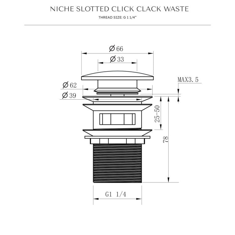 Niche Brushed Stainless Steel Slotted Click Clack Basin Waste | Aquaroc